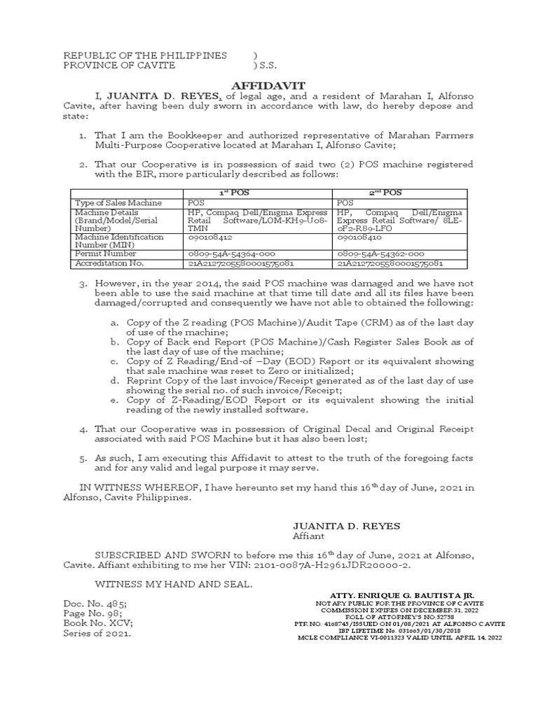 Affidavit of Loss Pos Reyes | PDF | Point Of Sale | Affidavit