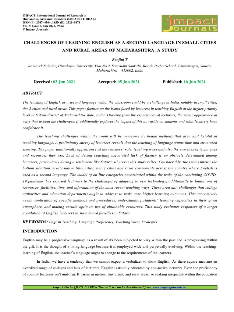 Challenges of Learning English As A Second Language in Small Cities and ...