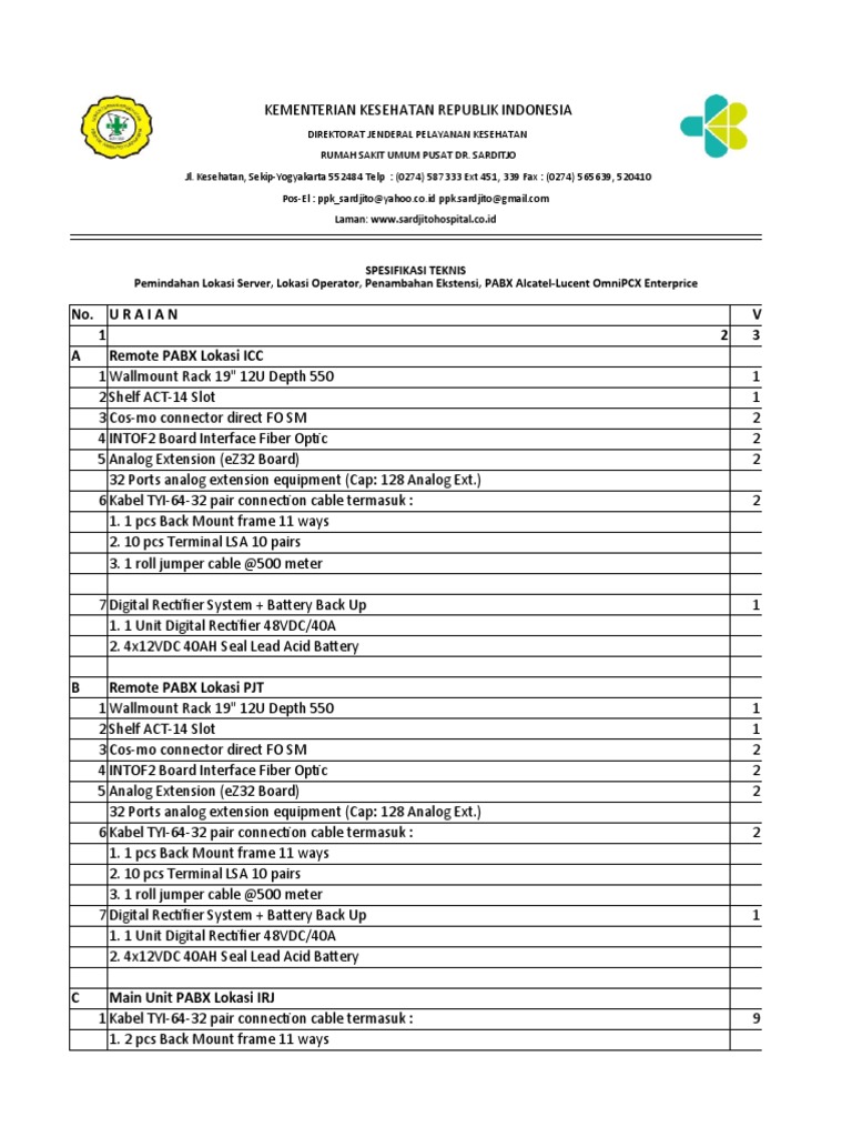 Spek Teknis Pemindahan Lokasi Server PABX AlcatelLucent Dan Lokasi ...