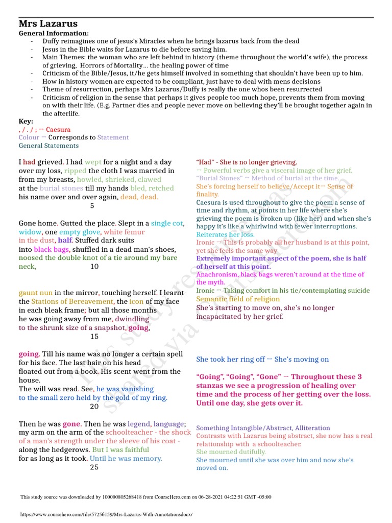 Analysis of Duffy's Mrs Lazarus Poem | PDF