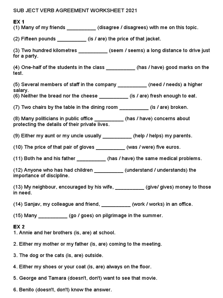 Sub Ject Verb Agreement Worksheet 2021 | PDF | Sports & Recreation ...