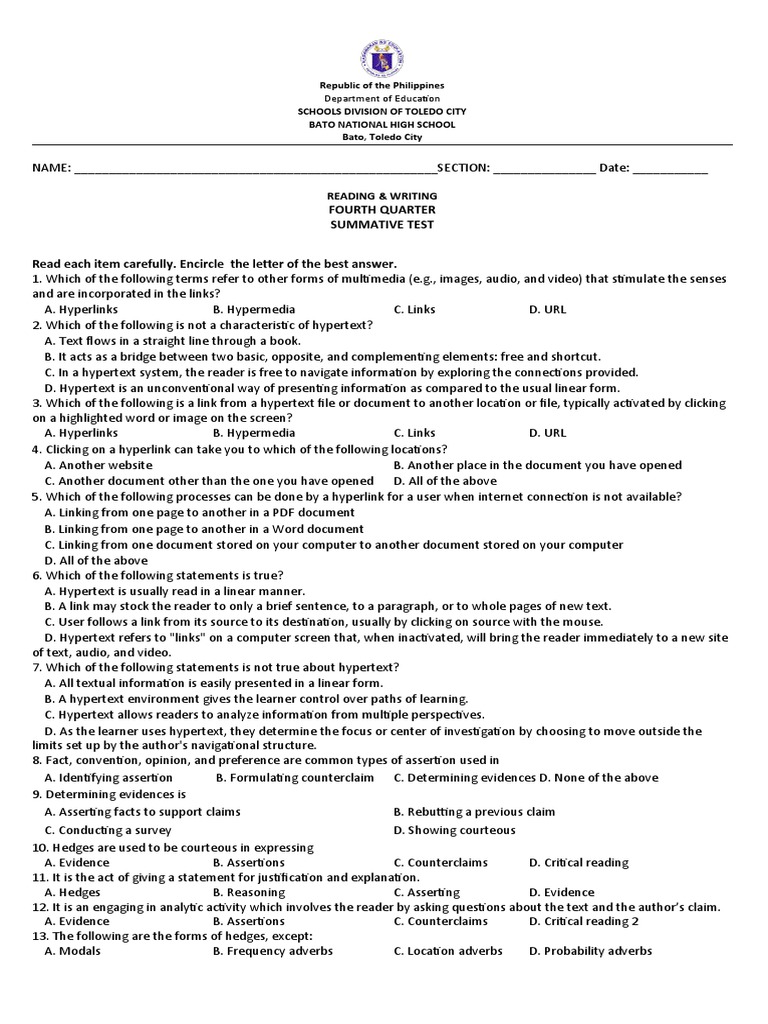 Grade 11 Reading & Writing Exam Q4 | PDF | Hyperlink | Résumé