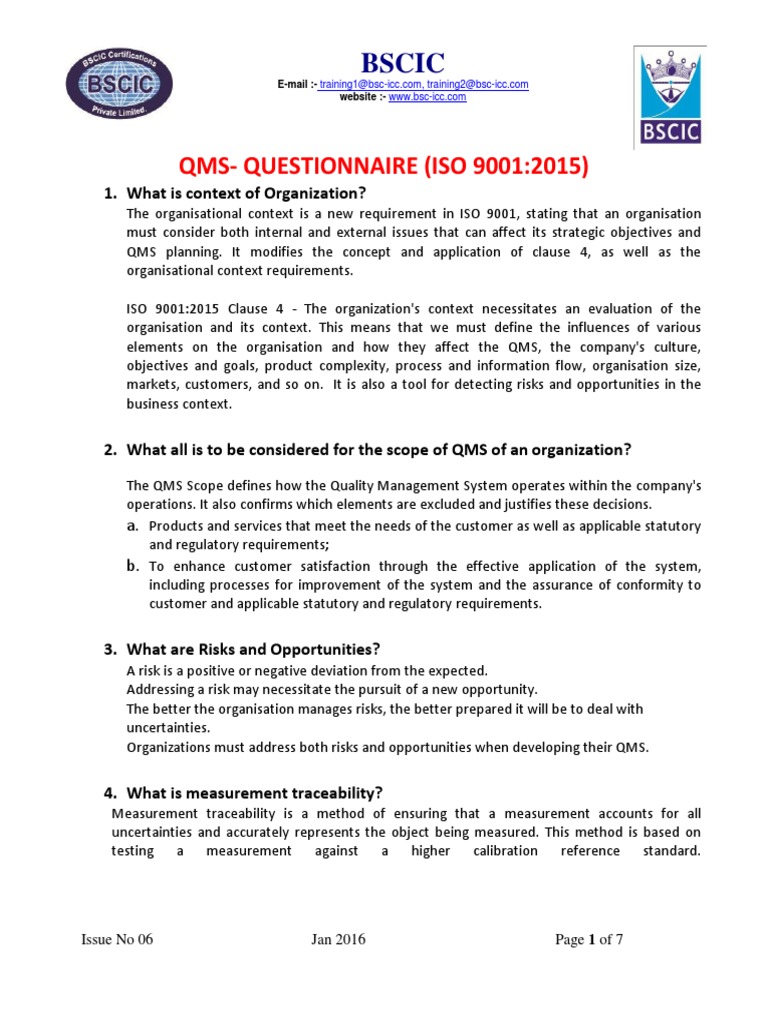 QUESTIONNAIRE - With Answers | PDF | Quality Management System | Iso 9000