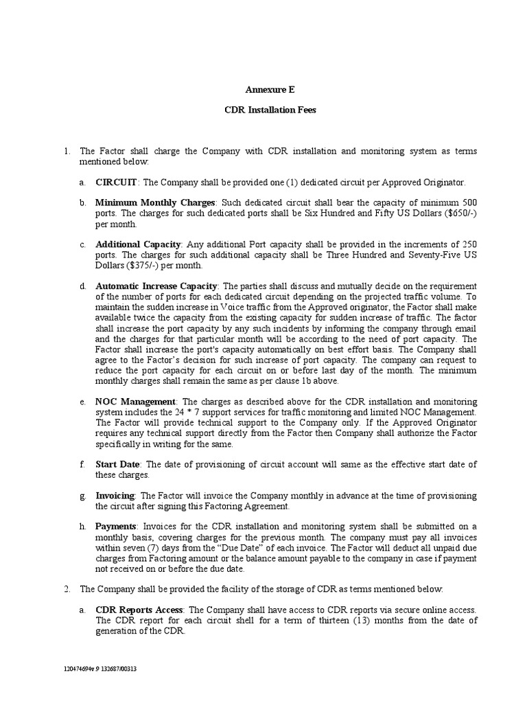 Annexure - E - CDR Installation Fees | PDF | Factoring (Finance) | Business