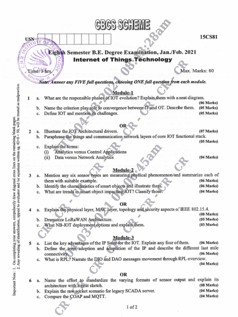 VTU Question Paper of 15CS81 Internet of Things Technology Jan-2021 | PDF