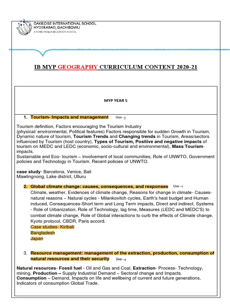 IB MYP GEOGRAPHY Curriculum Content Year 1-5 2020-21 | PDF ...