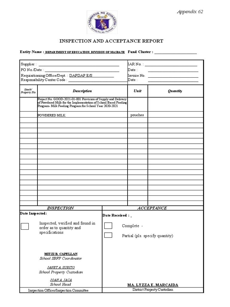 Inspection and Acceptance Report: Entity Name: Fund Cluster | PDF
