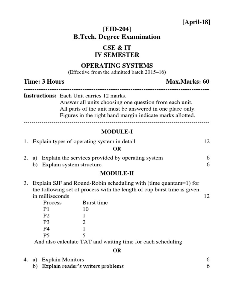 B.Tech. Degree Examination for CSE & IT IV Semester Operating Systems | PDF | Scheduling ...