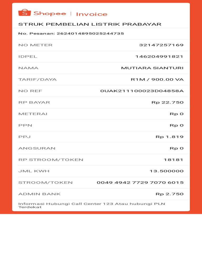 Invoice: Struk Pembelian Listrik Prabayar | PDF