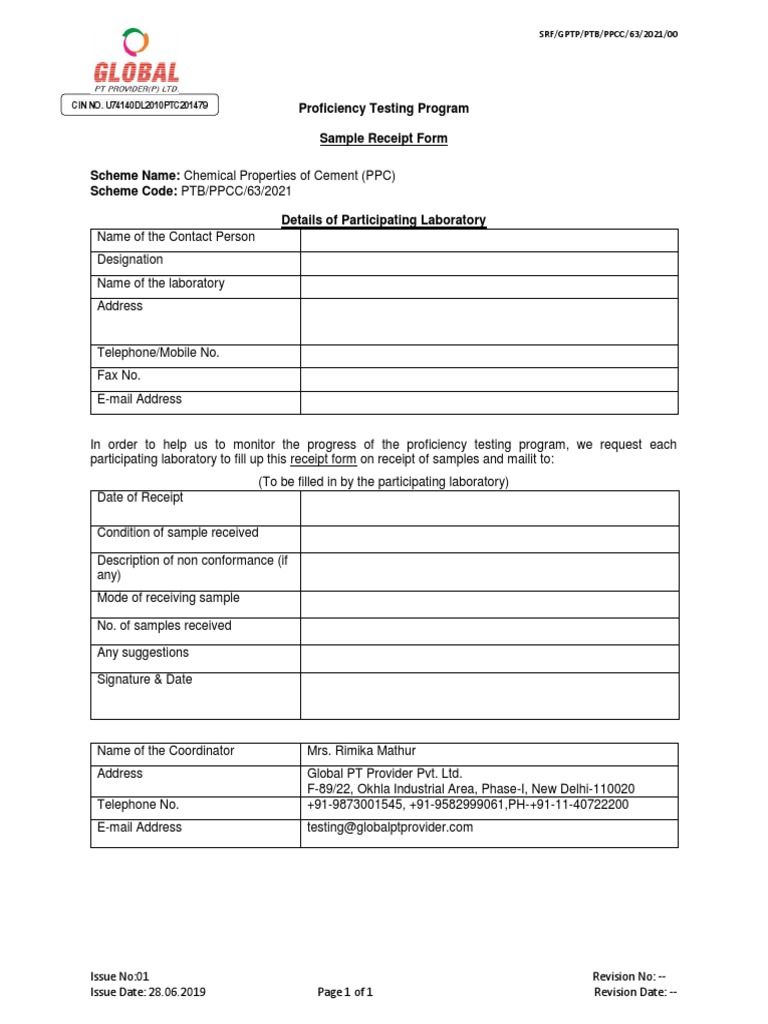Proficiency Testing Sample Receipt Form | PDF