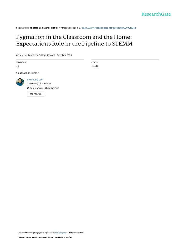 Pygmalion in The Classroom and The Home: Expectations Role in The Pipeline To STEMM | PDF | Self ...