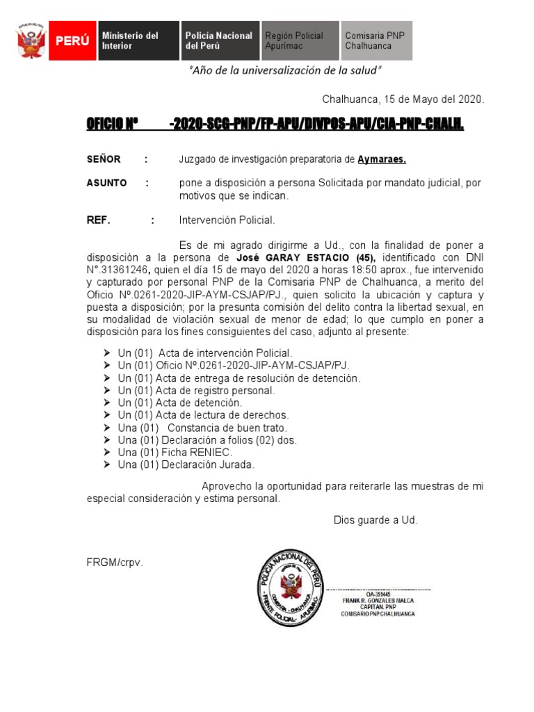 Oficio Pone A Disposicion RQ | PDF | Cumplimiento de la ley | Crimen y ... Oficio Pone A Disposicion RQ | PDF | Cumplimiento de la ley | Crimen y ...