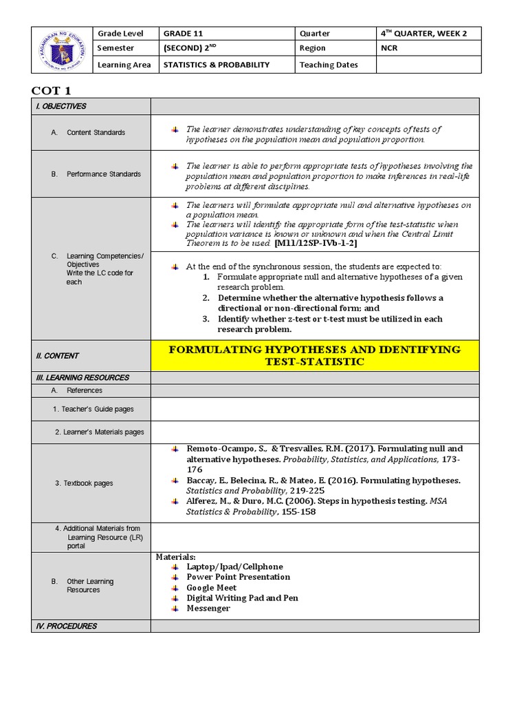 Formulating Hypotheses and Identifying Test-Statistic: Grade 11 4 ...
