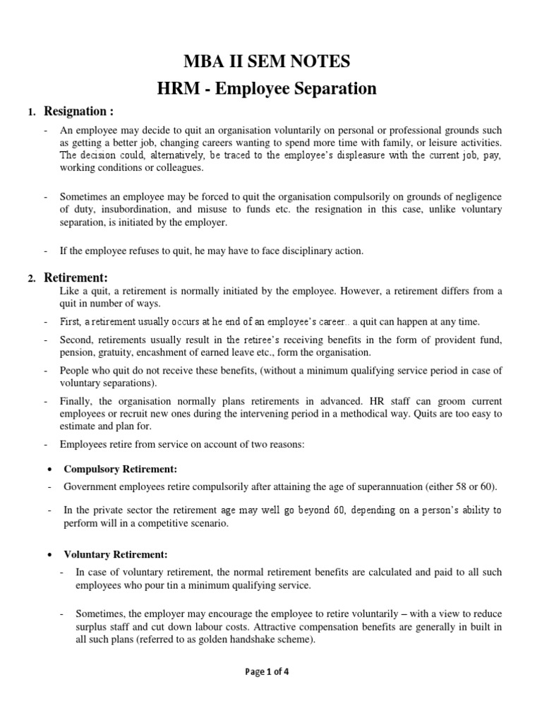 Mba Ii Sem Notes HRM - Employee Separation: Resignation | PDF | Layoff ...