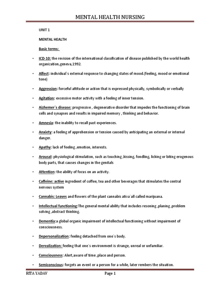 Unit 1 | PDF | Psychiatric And Mental Health Nursing | Mental Disorder