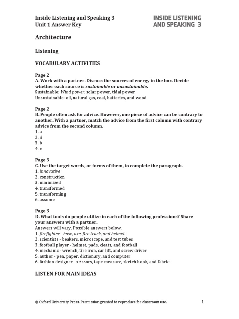 Architecture: Inside Listening and Speaking 3 Unit 1 Answer Key | PDF