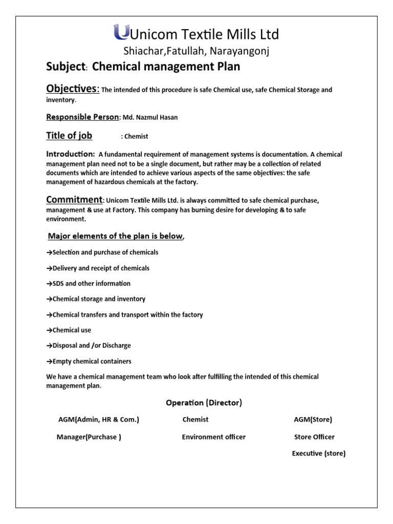 Unicom Textile Mills LTD: Subject Chemical Management Plan | PDF ...