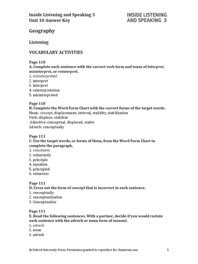 Geography: Inside Listening and Speaking 3 Unit 10 Answer Key | PDF ...