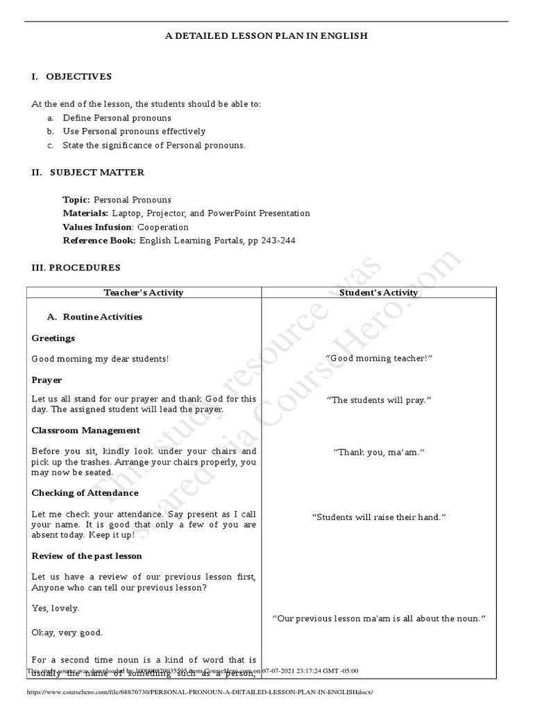 Personal Pronoun A Detailed Lesson Plan in English | PDF | Grammatical ...