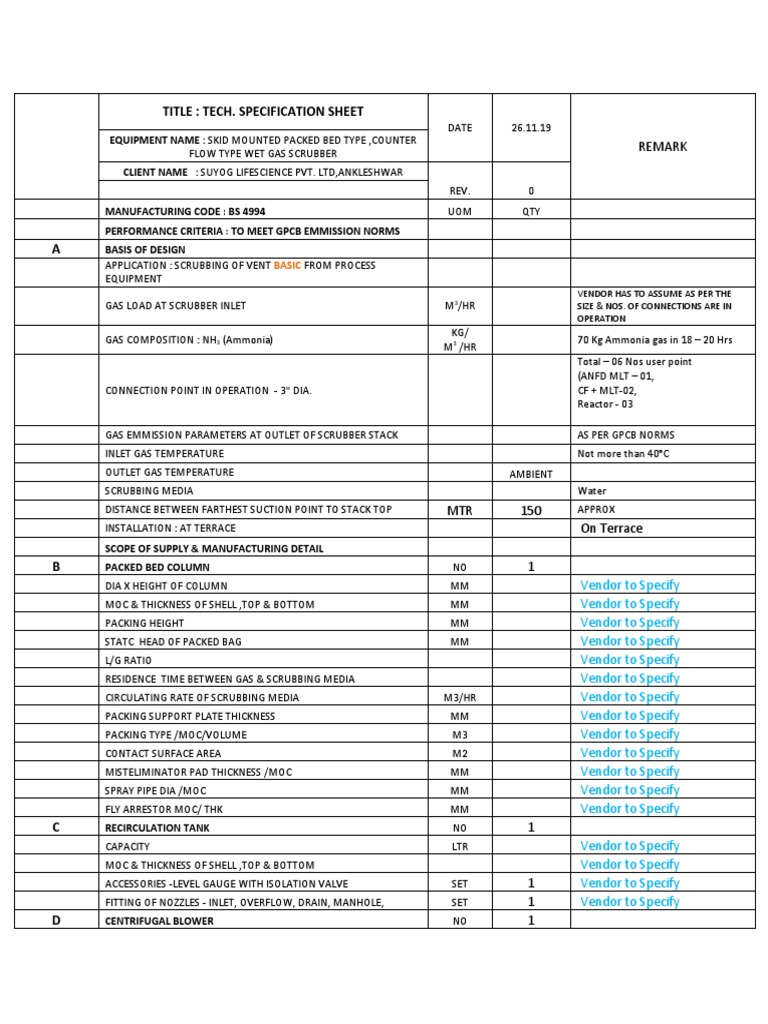 Natural Gas Scrubber Equipment Specs | PDF | Equipment | Chemical Equipment
