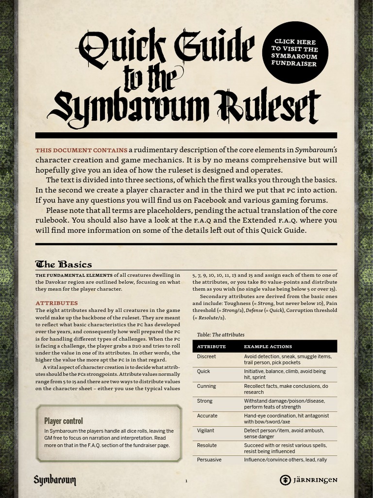 Symbaroum Ruleset Quick Guide: To The | PDF