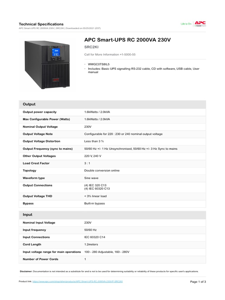 APC Smart-UPS RC 2000VA 230V: Technical Specifications | PDF | Mains ...