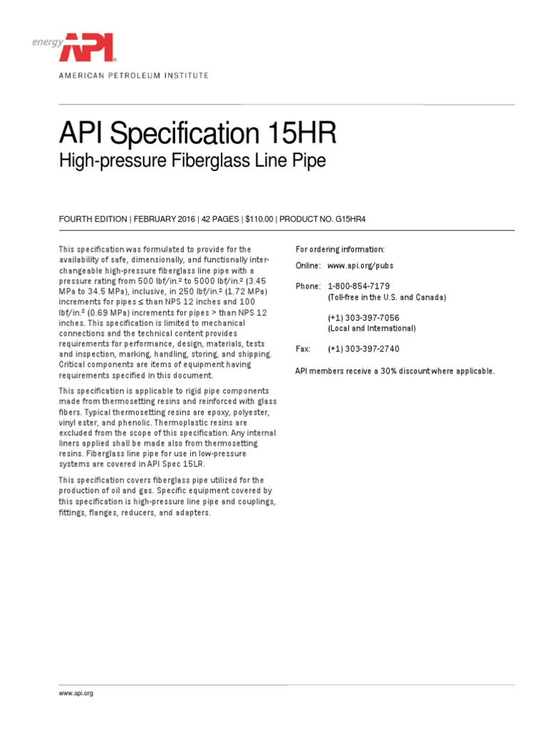 API Specification 15HR: High-Pressure Fiberglass Line Pipe | PDF