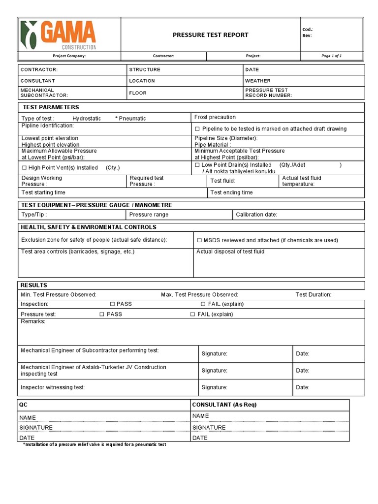 F QAQC 017 PTR Pressure Test Report | PDF | Pipe (Fluid Conveyance) | Tools