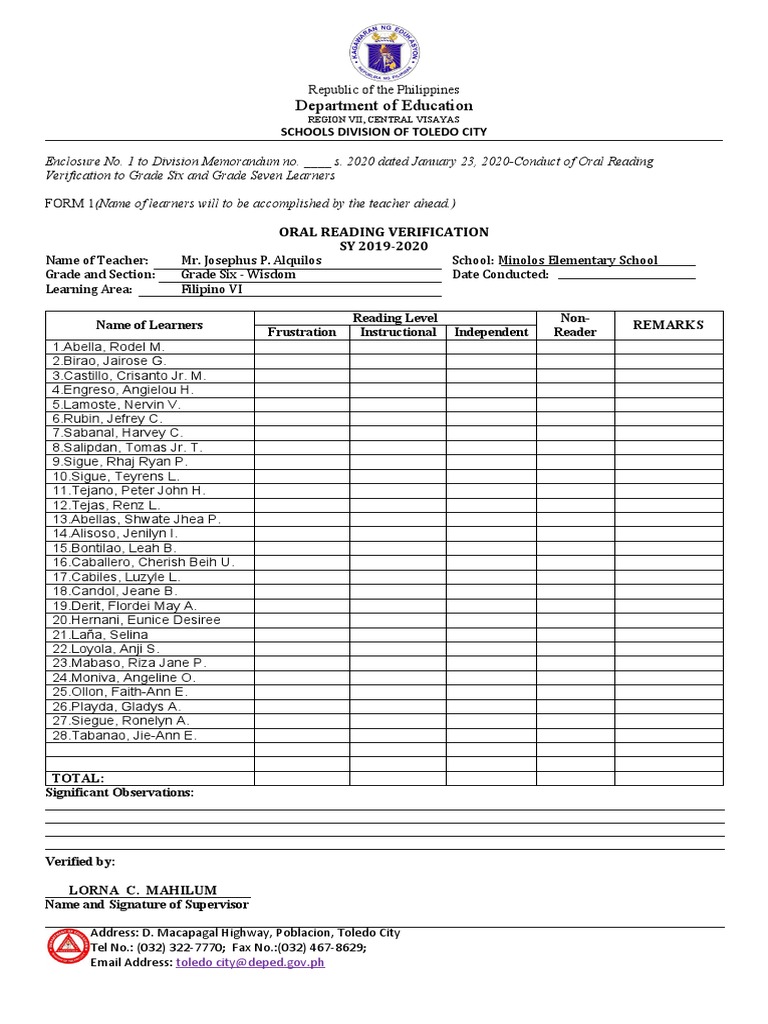 Department of Education: Oral Reading Verification | PDF | Schools ...