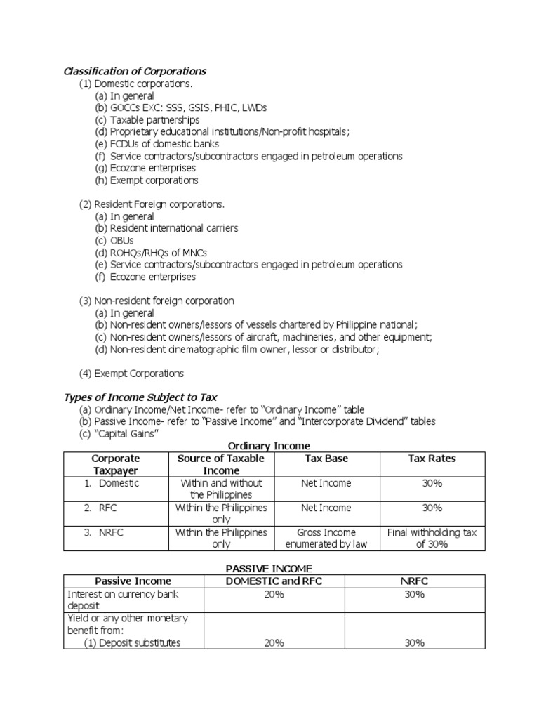 Classification of Corporations: Ordinary Income Corporate Taxpayer ...