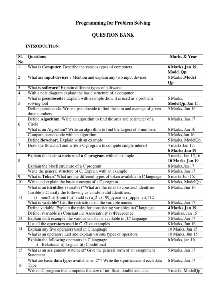 Programming For Problem Solving Question Bank: Sl. No Questions Marks & Year 6 Marks Jan 19 ...
