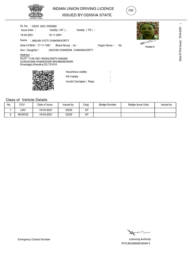 Indian Union Driving Licence Issued by Odisha State | PDF