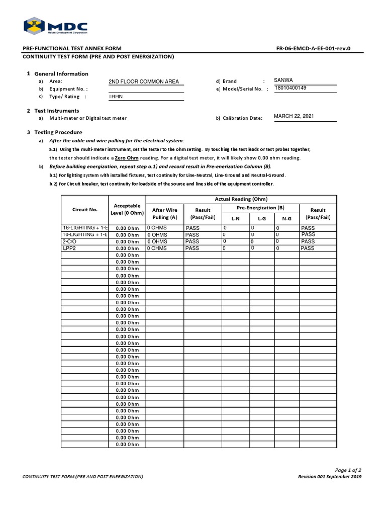 2nd Floor MDC - CONTINUITY - TEST - FORM - (PRE - AND - POST - ENER) FR ...