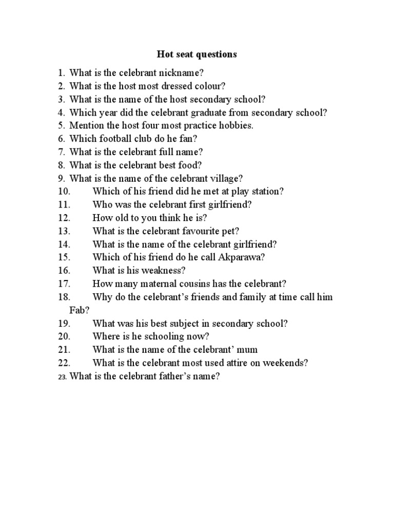 Hot Seat Questions | PDF