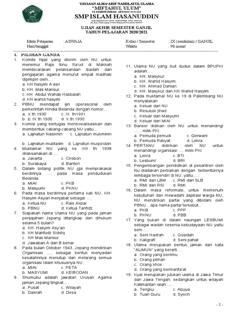 Soal Pilihan Ganda Sejarah NU | PDF