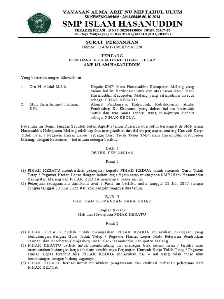 SURAT PerJANJIAN SK GTT-PTT | PDF