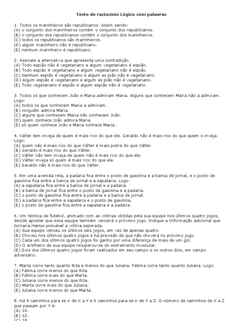 Teste de Raciocínio Lógico Com Palavras e Números | Download grátis PDF ...