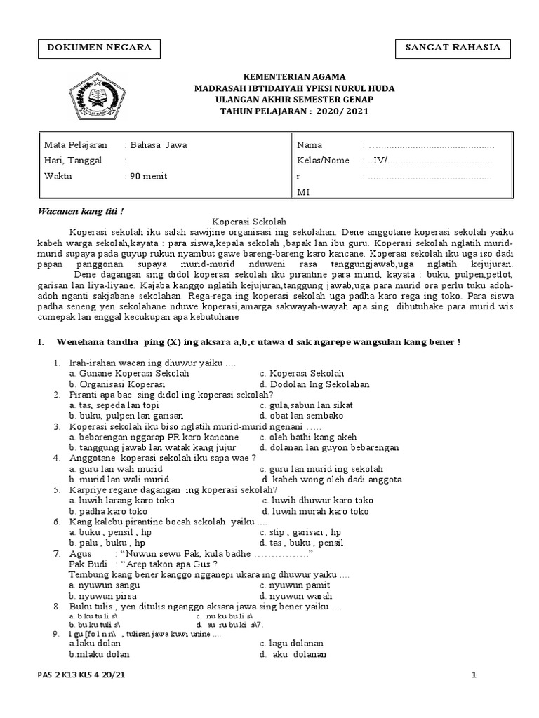 Soal PAS K13 Bhs - Jawa Kls 4 | PDF | Seni & Disiplin Bahasa | Kajian Bahasa Asing
