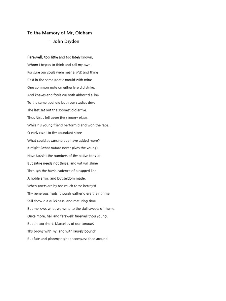 To The Memory of Mr. Oldham - John Dryden: Farewell, Too | PDF