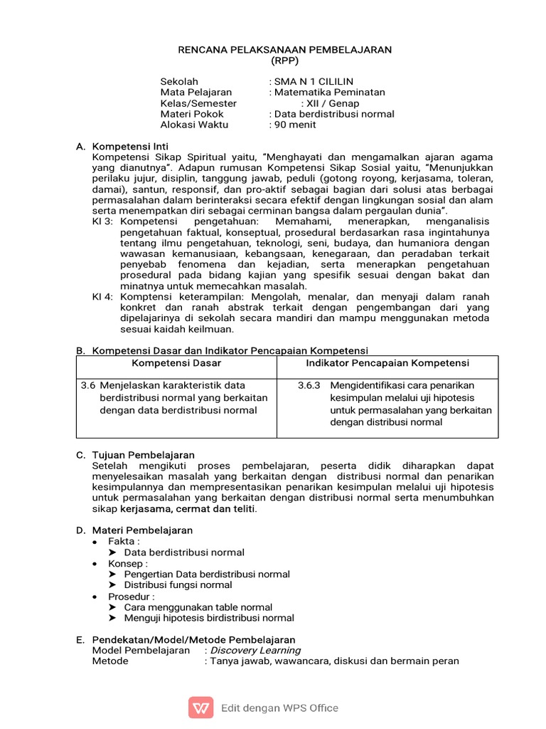 RPP Matematika Distribusi Normal (b6) | PDF