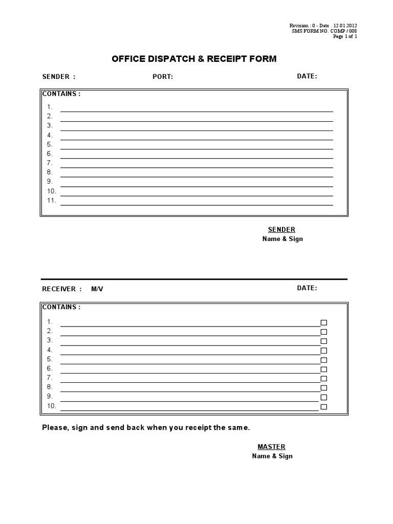 Office Dispatch & Receipt Form: Sender: Port: Date: Contains | PDF ...