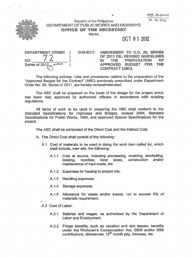 DPWH Department Order-72 Series of 2012 | PDF
