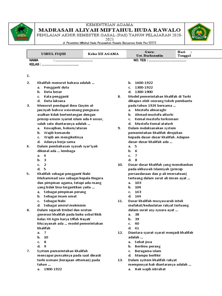 Soal Ushul Fikih Kelas XII AGAMA | PDF