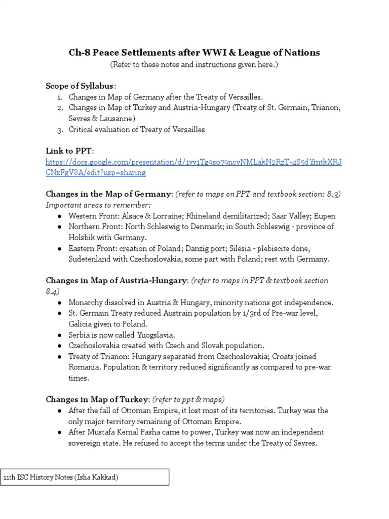 Ch-8 Peace Settlements After WWI & League of Nations | PDF | Treaty Of ...