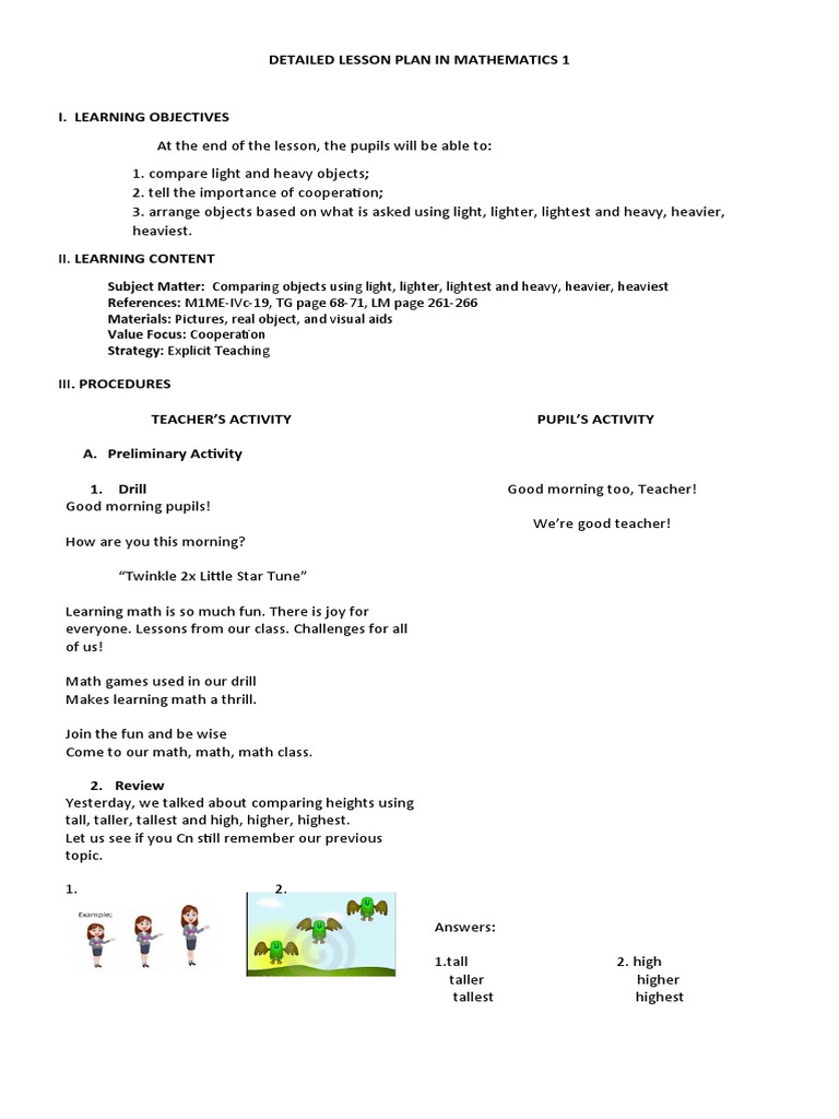 Comparing Weights: Grade 1 Math Lesson | PDF | Lesson Plan | Weight