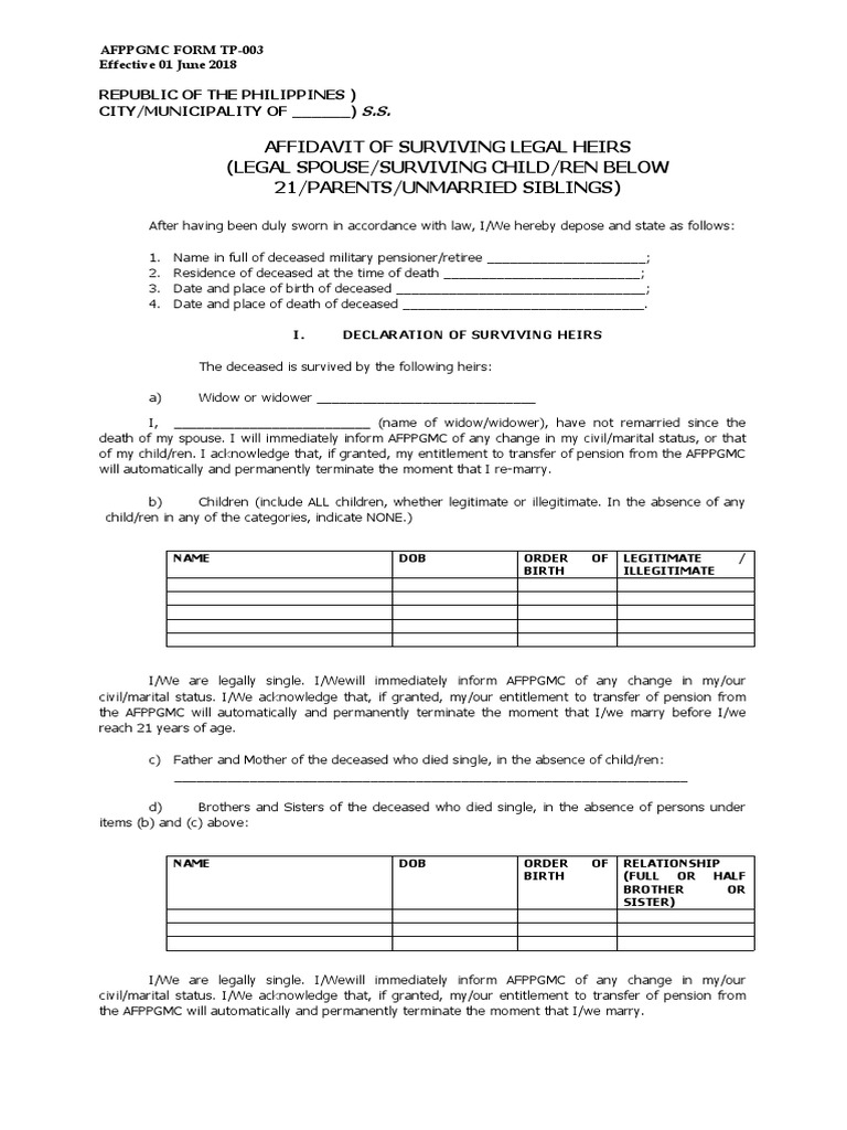 Affidavit of Surviving Legal Heirs (Legal Spouse/Surviving Child/Ren ...