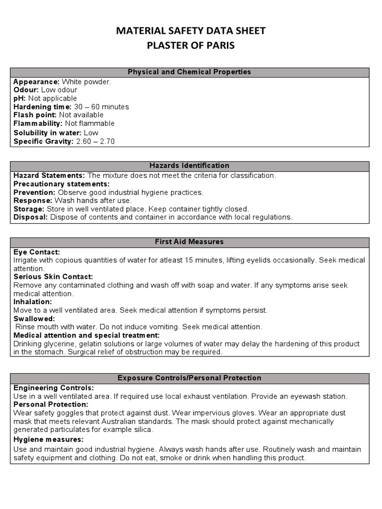 MSDS Plaster of Paris | PDF | Personal Protective Equipment | Fires