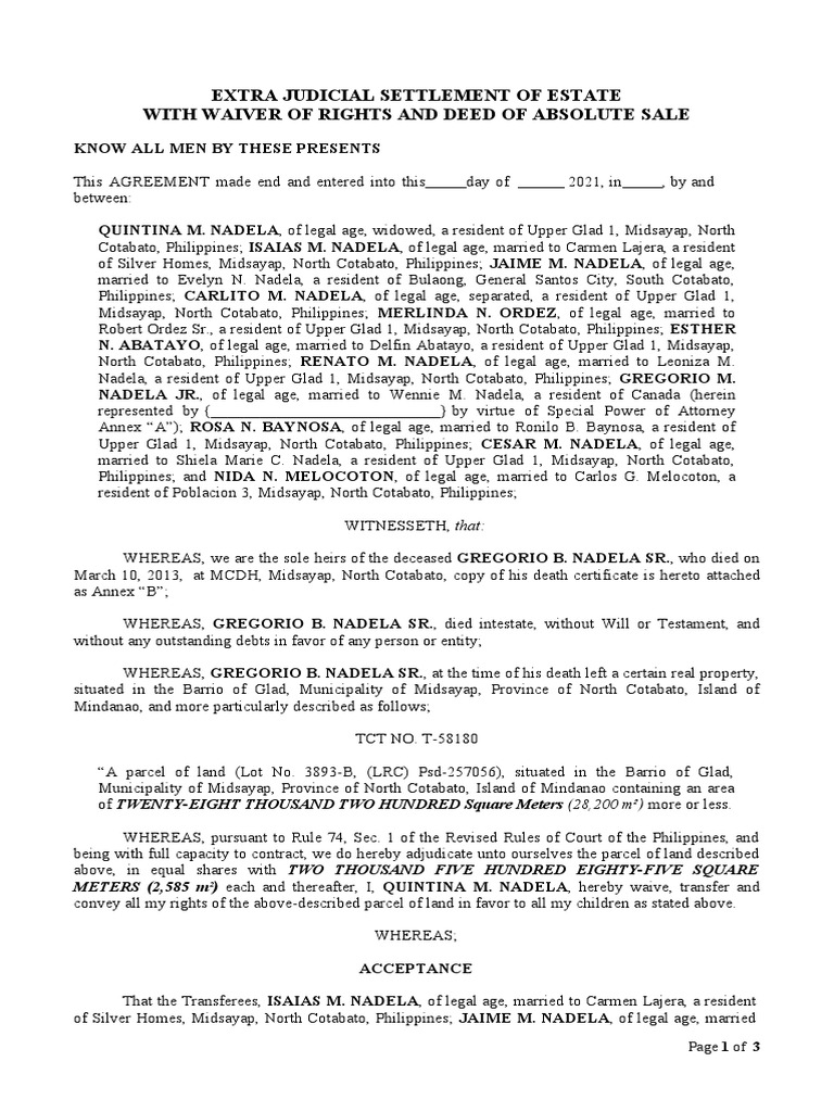 Extrajudicial Settlement of Estate v1.0 | PDF | Property Law | Civil ...