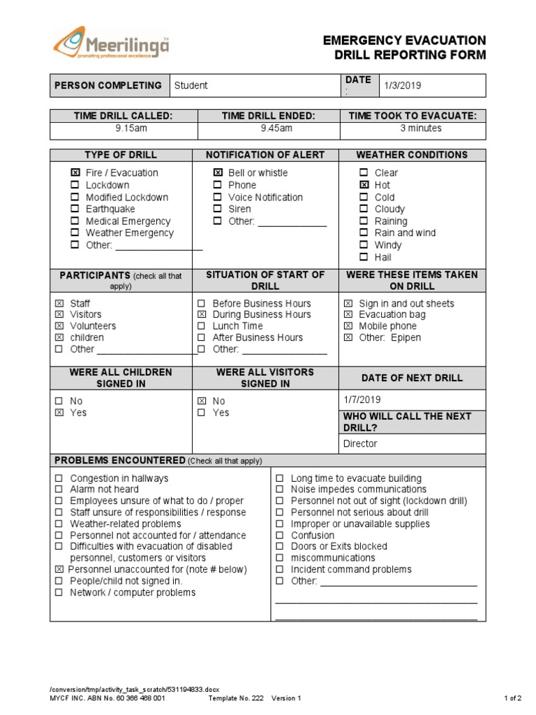 Emergency Evacuation Drill Reporting Form: (Check All That Apply) | PDF ...