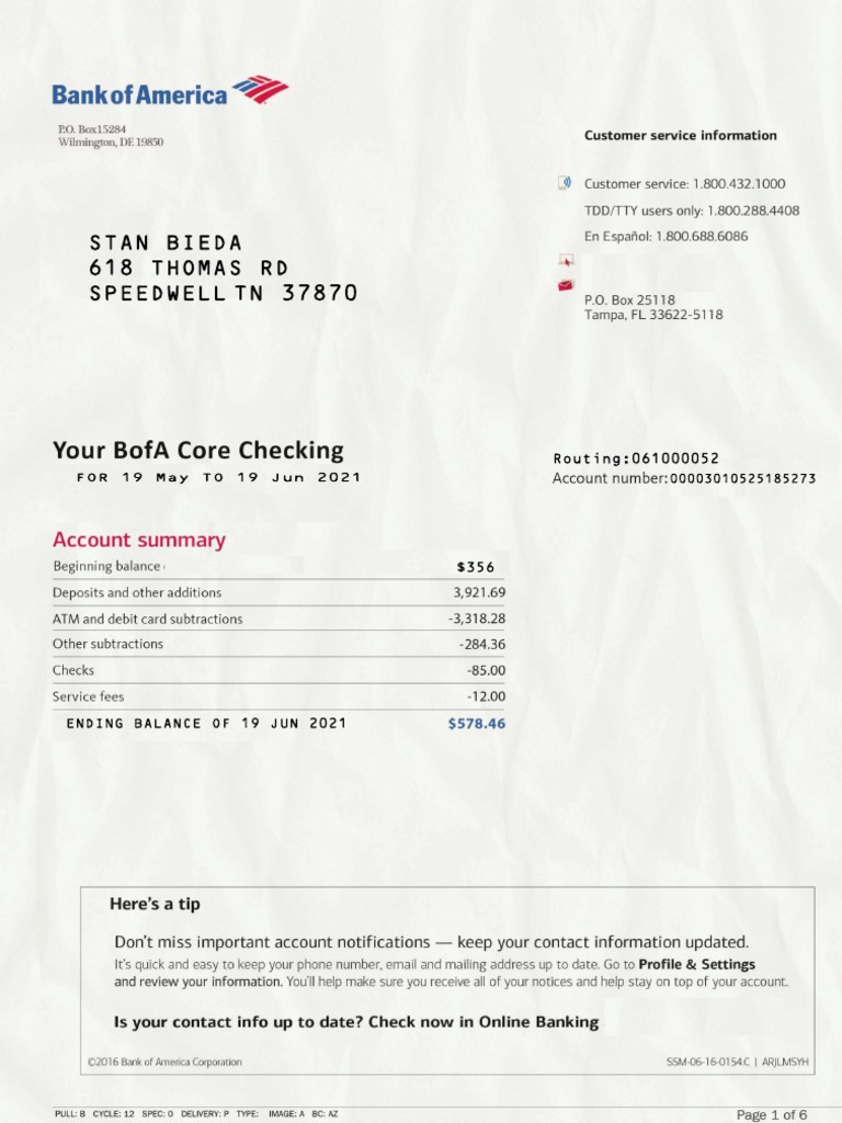 Stan Bieda 618 Thomas RD Speedwell TN 37870: Routing:061000052 | PDF